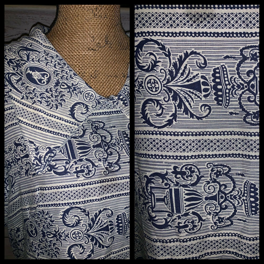 Vintage 60's Navy & White Filigree Print Dress 44B XL Extra Large ...